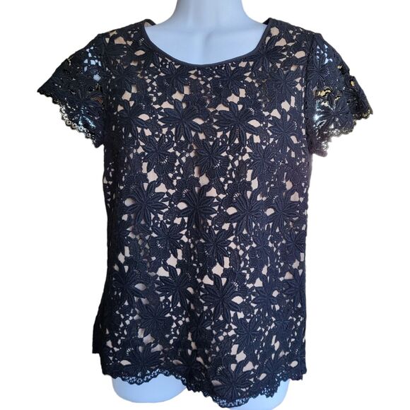 Talbots | Tops | Talbots Size P Black Lace Overlay Top Short Sleeve ...